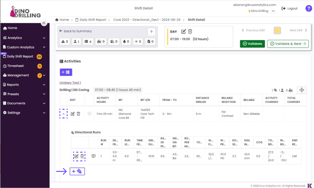 Shift Detail Page - Drilling Directional Runs